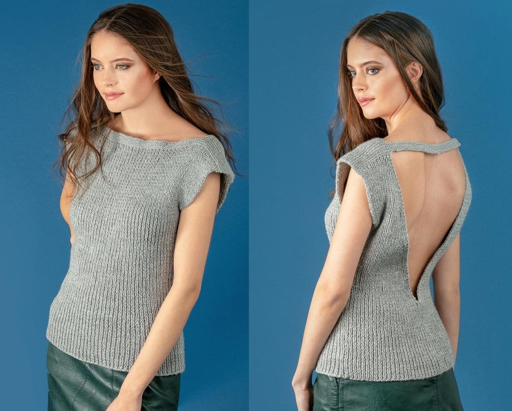 R3056 Ladies Open Back Top in Robin Sparkle DK – SMD Knitting